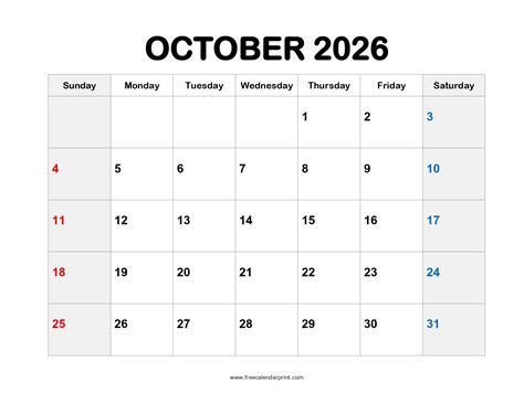 Printable October 2026 Calendar Free Templates