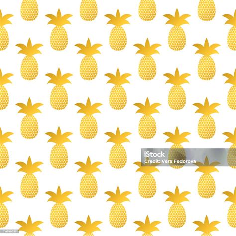 흰색 배경에 골드 파인애플이있는 원활한 패턴 황금 열대 과일 벡터 그림입니다 로고 디자인 전단지 배너 포스터 초대장 옷 등을위한 템플릿을 쉽게 편집 할 수 있습니다 금