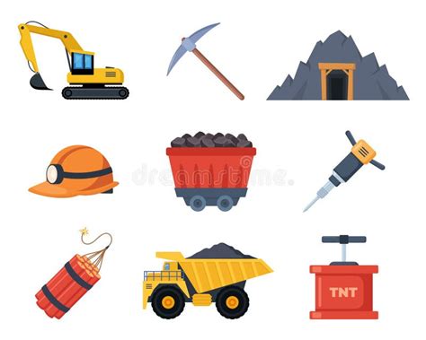 Mining Coal Industry Icons Set Tools And Equipment For Manufacture
