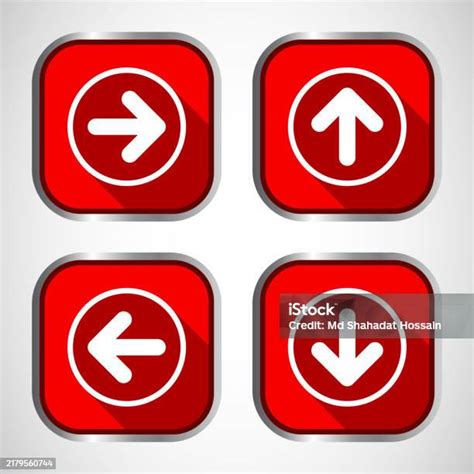 오른쪽 왼쪽 위쪽 아래쪽 화살표 아이콘 디자인 일러스트 앱 및 웹 사이트의 화살표 기호 빨간 그림자 버튼 디자인 3차원 형태에 대한 스톡 벡터 아트 및 기타 이미지 Istock