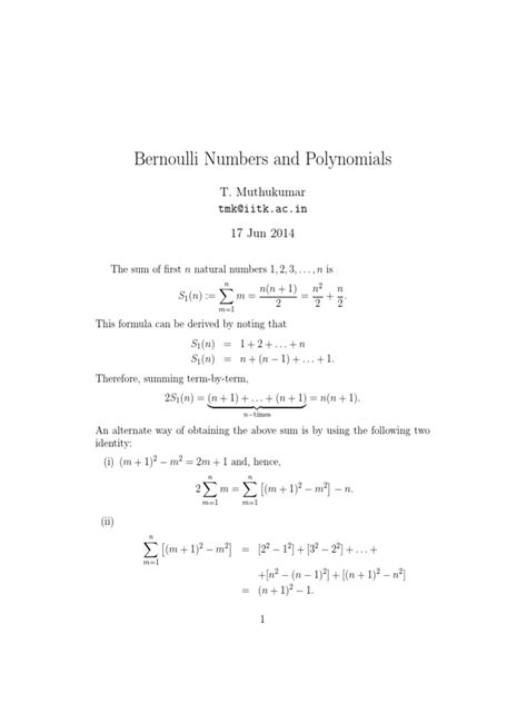 Bernoulli Numbers And Polynomials T Muthukumar Tmkiitk 17 Jun 2014 Pdf Discrete