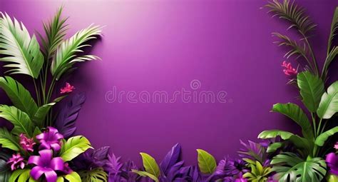 Green Foliage Boarder With Purple Background Ai Generated Image Stock