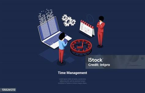 만화 3d Syle의 개념적 디자인 벡터 일러스트레이션 등소 구성 시간 관리 및 성공적인 계획 두 문자 인포 그래픽 중요한 목표