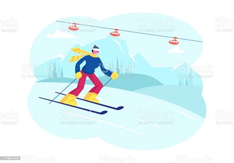 푸니쿨라와 자연 배경에 스키에 의해 내리막가는 따뜻한 스포츠 의상을 입고 젊은 남자 겨울 스포츠 야외 레저 및 여가 시간 겨울 활동 만화 플랫 벡터 일러스트 겨울에 대한