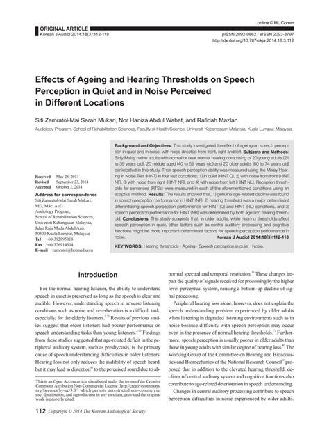 Pdf Effects Of Ageing And Hearing Thresholds On Speech Perception In