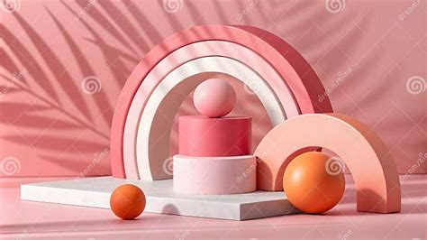 Abstract Composition Of Colorful Geometric 3d Geometric Shapes In Delicate Pink Shades Stock