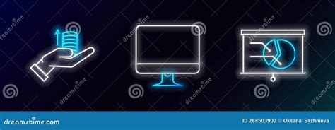 Set Line Board With Graph Chart Money On Hand And Computer Monitor Screen Icon Glowing Neon