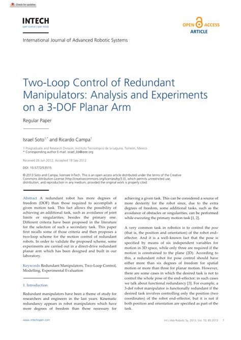 pdf two loop control of redundant manipulators analysis and