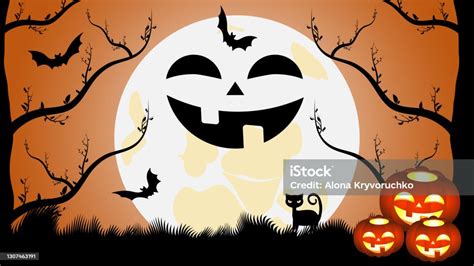 벡터 그래픽 할로윈과 그의 문자 달 보름달 밤 검은 고양이 박쥐 나무와 빛나는 호박의 실루엣 전단지 배너 커버 배경 화면 등을위한 예술 개념 할로윈에 대한 스톡 벡터 아트