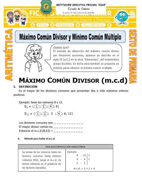 Máximo Común Divisor Y Mínimo Común Múltiplo Para Sexto De Primaria Pdf Multiplicación Álgebra