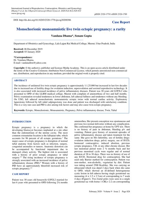 Pdf Monochorionic Monoamniotic Live Twin Ectopic Pregnancy A Rarity