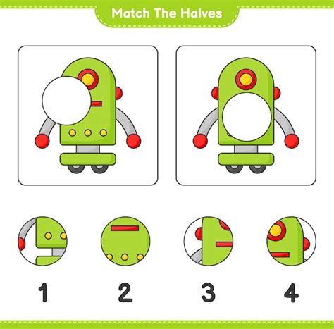 반쪽 일치 로봇 캐릭터 교육용 어린이 게임 인쇄용 워크 시트의 반쪽 일치 프리미엄 벡터