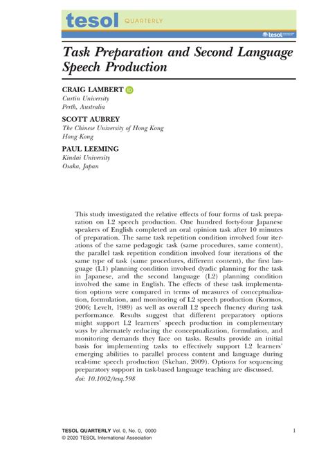 Pdf Task Preparation And Second Language Speech Production