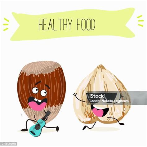 다양한 활동을 하는 귀여운 캐릭터 헤이즐넛 플랫 벡터 일러스트 레이 션 재미 있는 견과류 재미 있는 콩 어린이 메뉴 장식을 위한 웃는 마스코트 0명에 대한 스톡 벡터 아트