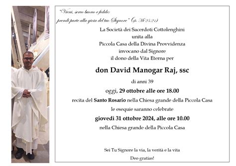 Don David Manogar Raj è Tornato Alla Casa Del Padre Cottolengo