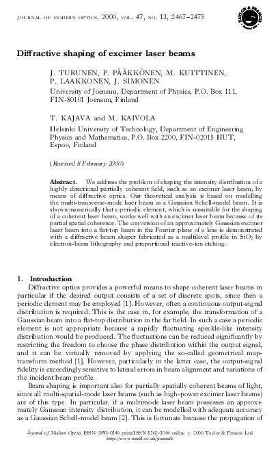Pdf Diffractive Shaping Of Excimer Laser Beams