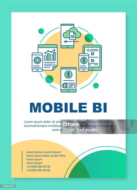 모바일 Bi 포스터 템플릿 레이아웃입니다 비즈니스 인텔리전스 모바일 데이터 분석 배너 소책자 선형 아이콘이있는 전단지 인쇄 디자인 잡지 광고 전단지에 대한 벡터 브로셔