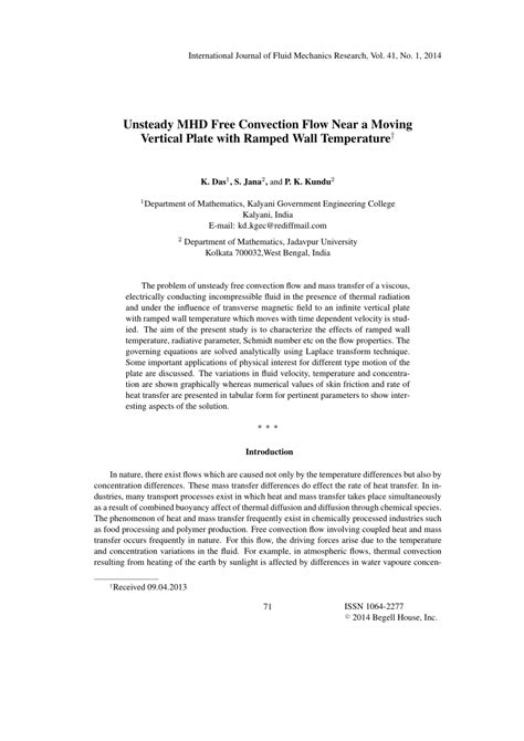 Pdf Unsteady Mhd Free Convection Flow Near A Moving Vertical Plate With Ramped Wall Temperature