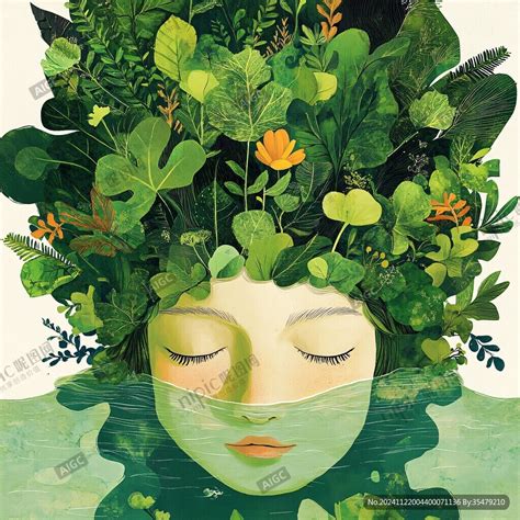 Ai创作图森系主题插画 人与自然类插图 墨绿色女孩插画 森系人物插画 森系女孩插画 森系装饰画 面膜插画设计 人与自然插画 绿色创意插画 绿色海报插画 植物人物插画 大自然插画包装插画 创意