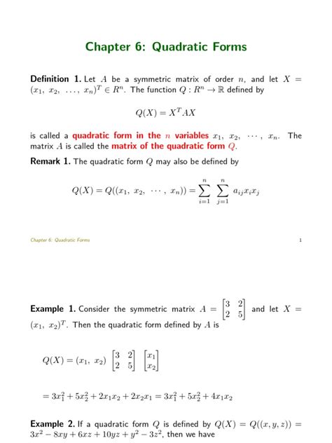 Chapter 6 Quadratic Forms Definition 1 Let A Be A Symmetric Matrix Of Order N And Let X