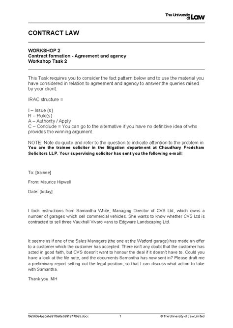 Contract Law Workshop 2 Agreement And Agency Analysis Task Studocu