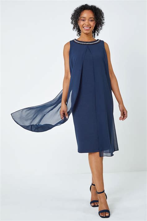Navy Petite Embellished Chiffon Dress Roman Uk