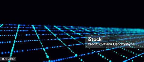 검은색 배경에 파란 빛이 있는 추상 그리드 움직이는 점과 선이 있는 과학 배경 네트워크 연결 기술 입자가 있는 디지털 구조 3d