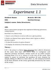 DS WORKSHEET 1.1.docx - Data Structures Experiment 1.1 Student Name: Branch: BE-CSE UID: Section ...