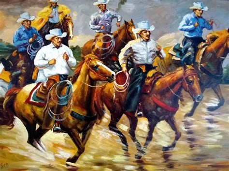 Vaqueros Original Hand Painted Oil On Canvas With Hand Crafted Cypress