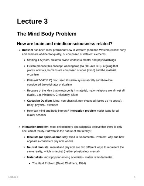 Lecture Consciousness I Lecture The Mind Body Problem How Are Brain And Mind Consciousness