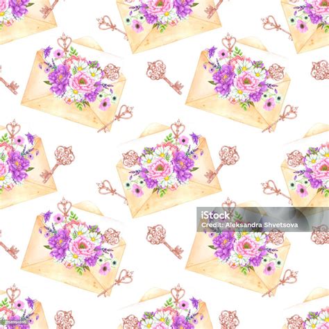 손으로 그린 수채화 편지 와 꽃다발 와 포도 수확 열쇠 Seamless 패턴 절연 통하고 있는 백색 배경 섬유 직물 및 기타 인쇄 제품에 사용할 수 있습니다 0명에 대한