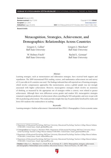 Pdf Metacognition Strategies Achievement And Demographics Relationships Across Countries10