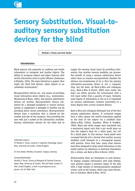 Pdf Sensory Substitution Visual To Auditory Sensory Substitution Devices For The Blind