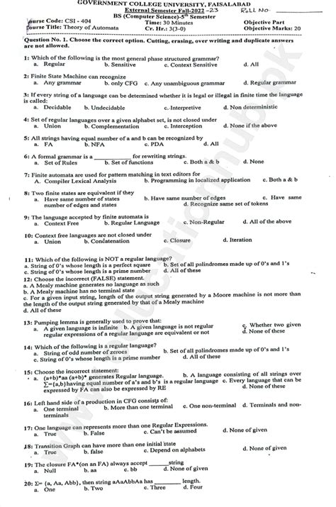 Theory Of Automata Bscs Gcuf Past Paper Fall 2022 Education Hub