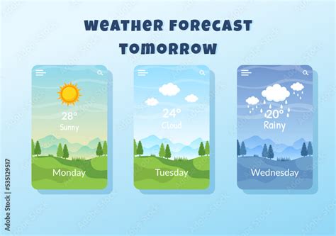 Types Of Weather Conditions With Sunny Cloudy Windy Rainy Snow And Stormy In Template Hand