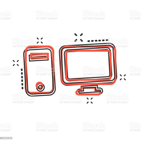 벡터 만화 스타일에서 만화 컴퓨터 아이콘입니다 모니터 표시 그림 그림 Pc 비즈니스 스플래시 효과 개념입니다 기술자에 대한 스톡