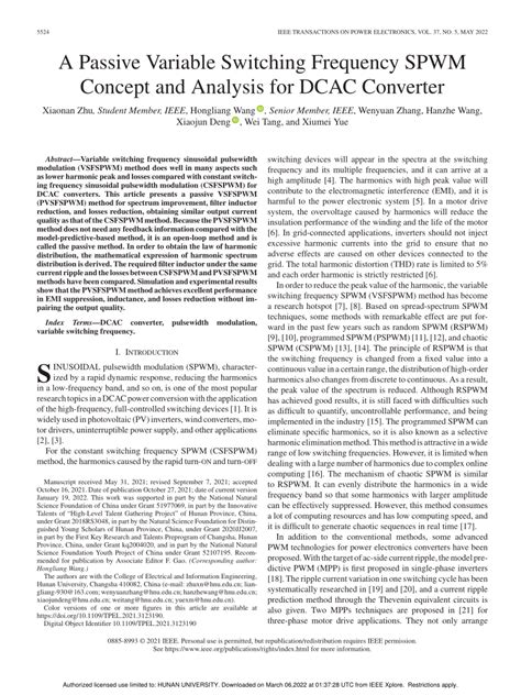 Pdf A Passive Variable Switching Frequency Spwm Concept And Analysis
