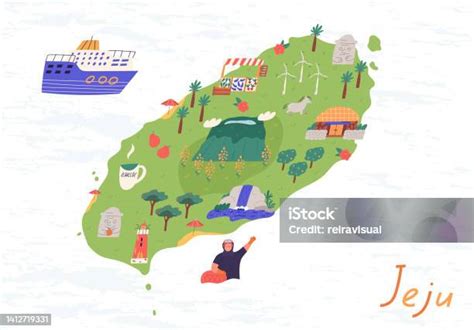 랜드마크와 귀여운 요소가 있는 한국 제주도도 만화 플랫 벡터 일러스트레이션 지도에 대한 스톡 벡터 아트 및 기타 이미지 지도 일러스트레이션 제주도 Istock