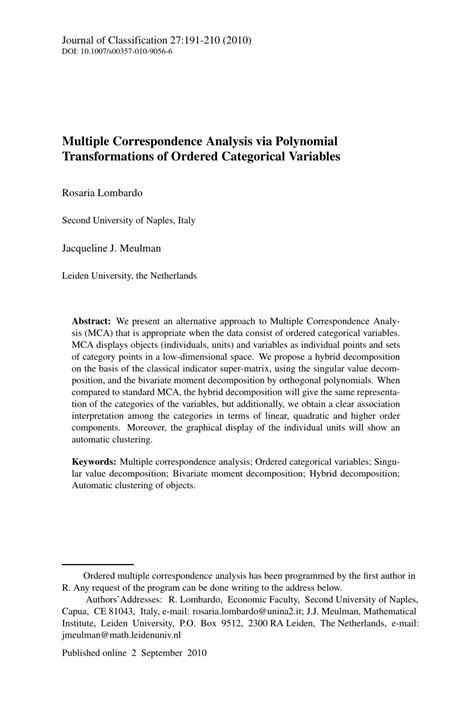 Pdf Multiple Correspondence Analysis Via Polynomial Transformations