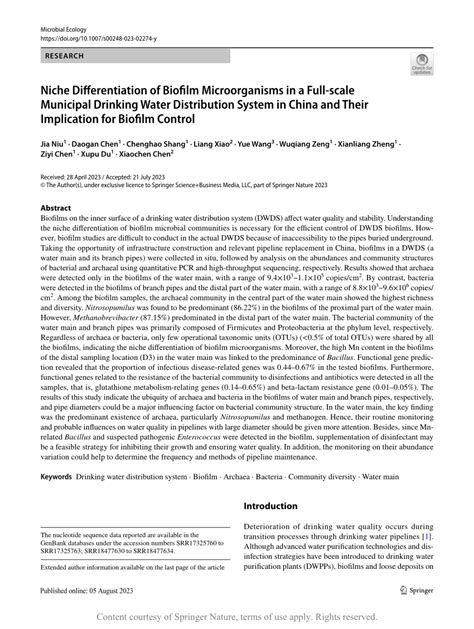 Niche Differentiation Of Biofilm Microorganisms In A Full Scale Municipal Drinking Water