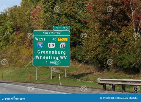 Exit 75 Sign For Greensburg Pennsylvania And Wheeling West Virginia