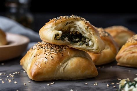 Golden flaky bourekas stuffed with spinach and feta cheese with steam ...