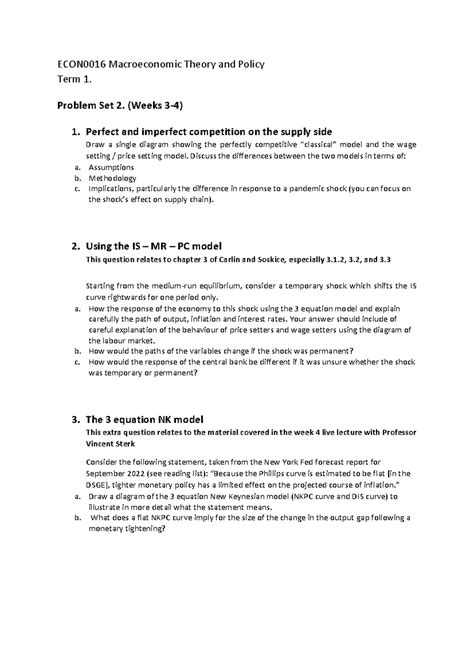 Problem Set 2 Econ0016 Macroeconomic Theory And Policy Term 1