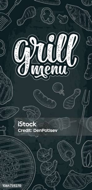 바베 큐와 함께 수직 포스터입니다 그릴 메뉴 붓글씨 필기 글자 검은색에 대한 스톡 벡터 아트 및 기타 이미지 검은색 고기 고추류 Istock