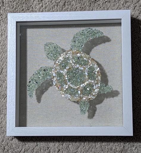Muted Sea Turtle In Aqua Crushed Glass And Shiny Crushed Shells 10x10
