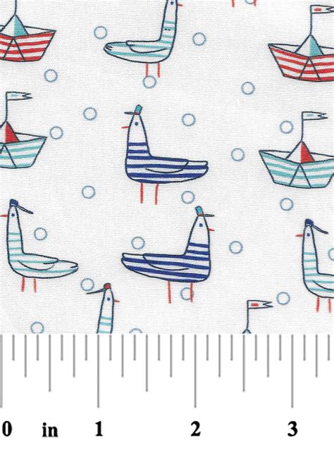 Bird And Boat Print Fabric Blue Red And Aqua Nautical Print Fabric