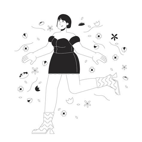 Premium Vector Curvy Asian Woman Loving Herself Black And White 2d Line Cartoon Character