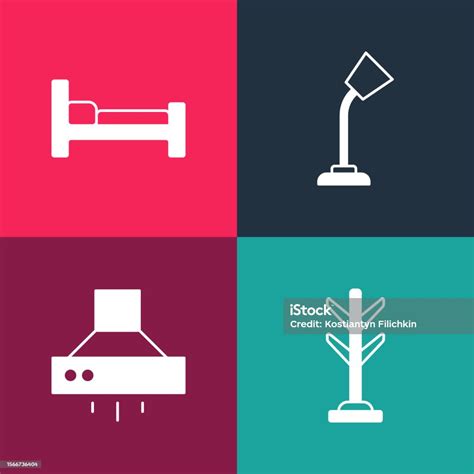 팝 아트 코트 스탠드 주방 추출기 팬 테이블 램프 및 침대 아이콘을 설정합니다 벡터 가구에 대한 스톡 벡터 아트 및 기타 이미지