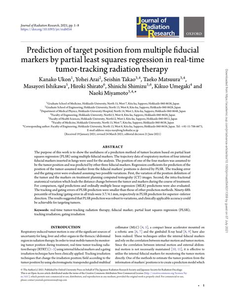 Pdf Prediction Of Target Position From Multiple Fiducial Markers By Partial Least Squares