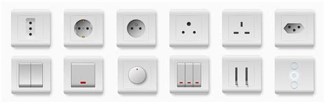 현실적인 소켓과 스위치 내부 벽 콘센트 또는 전기 커넥터 다른 사각형 유형 플라스틱 라이트 토글 플러그 어댑터 모양 홈 버튼 벡터 전기 장치 세트 콘센트에 대한 스톡 벡터